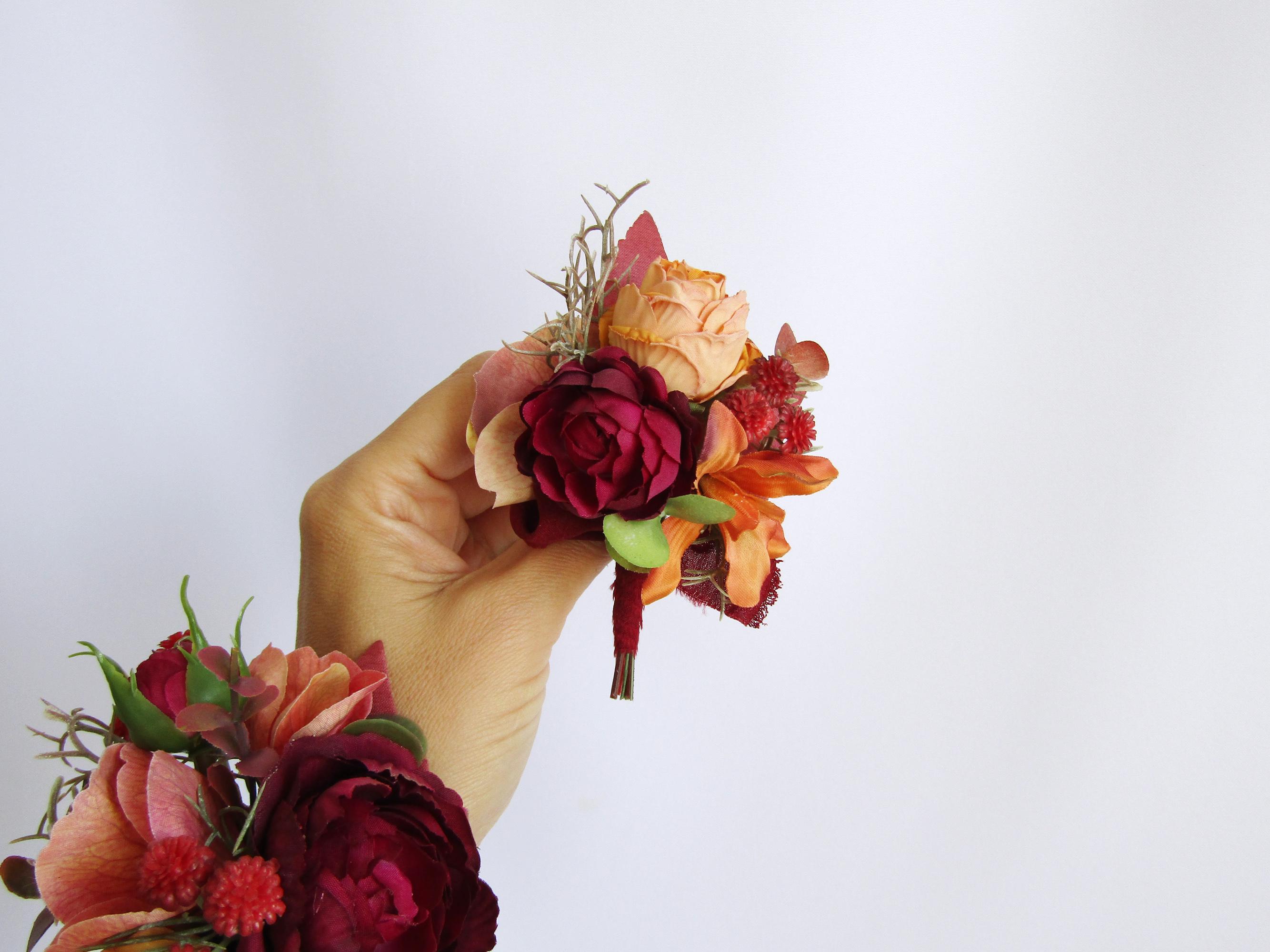 Burnt Terracotta Boutonniere Corsage Set | Burgundy Floral Wrist ...