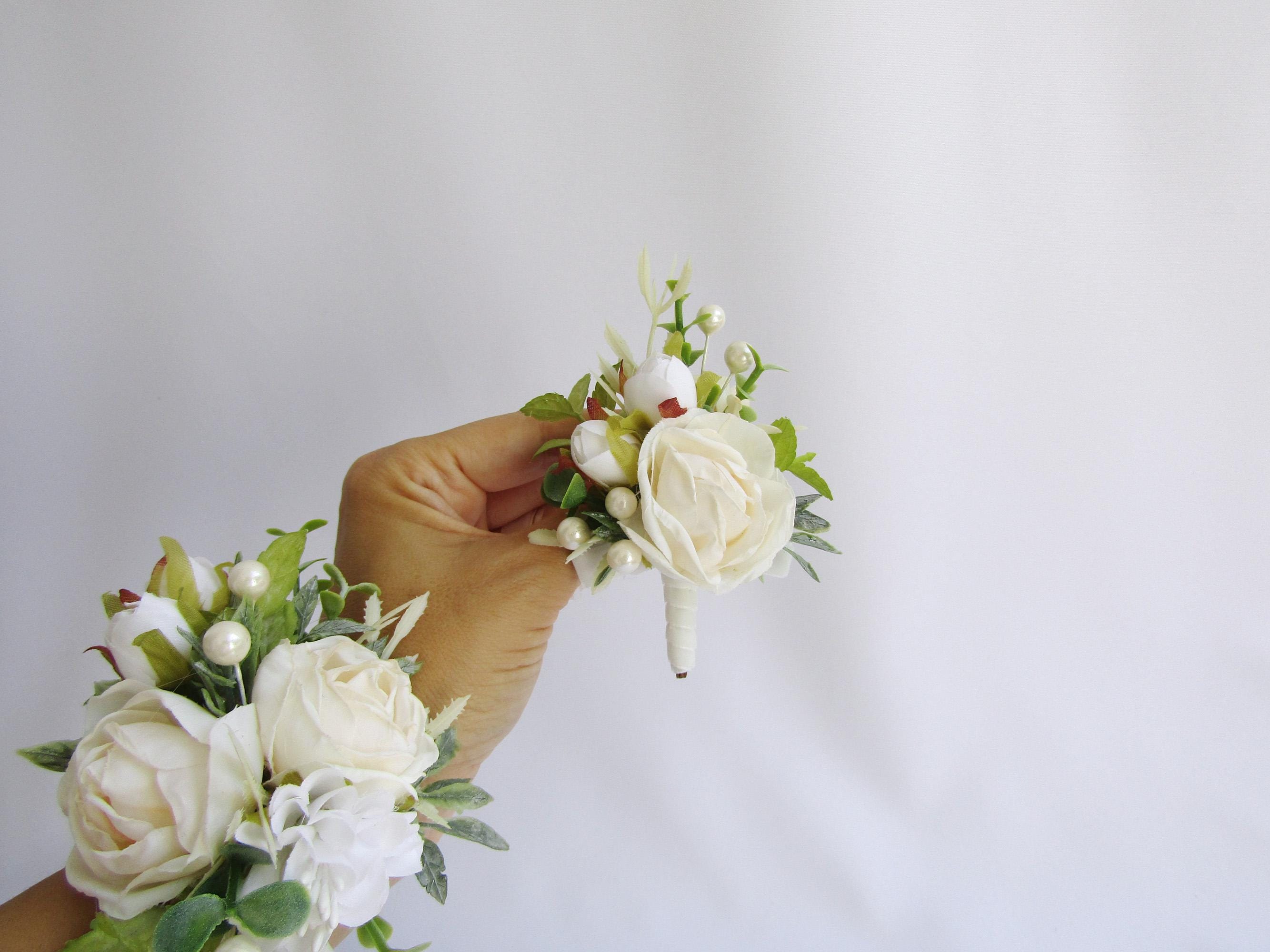 Wrist Corsage and Boutonniere Set | Prom Ivory Greenery Flower Bracelet ...