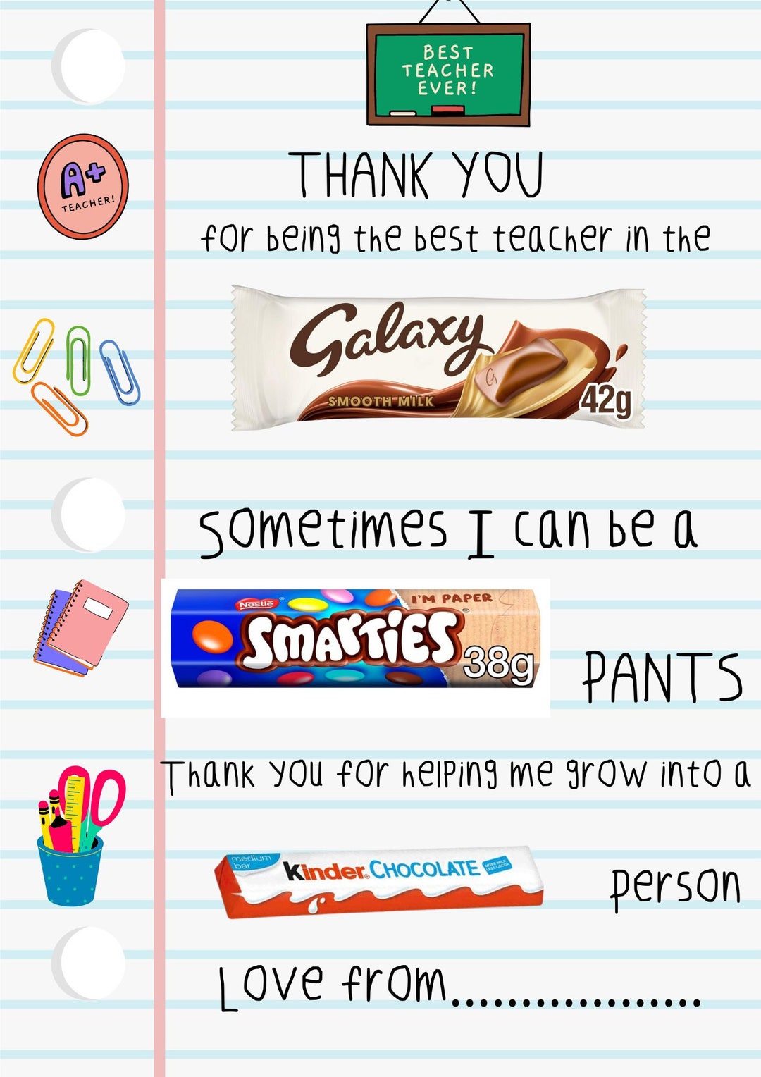 Teacher Gift Chocolate Poem Digital Fileteacher Chocolate Card, Message ...