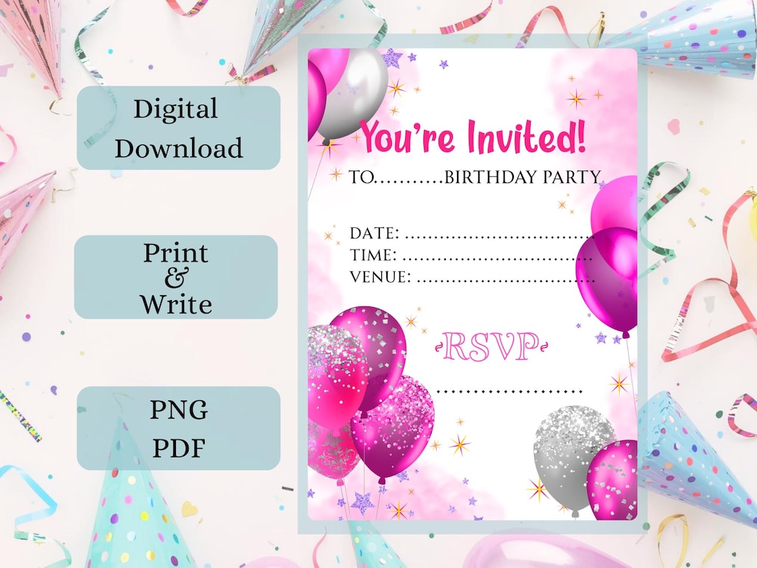 Printable Pink Party Invitation Template, 4x6" A6 Portrait, Digital ...