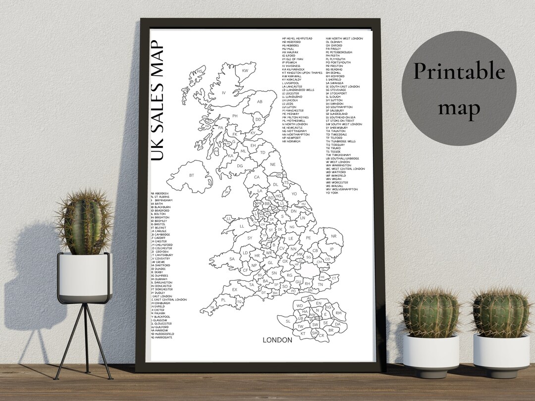 Printable UK Sales Tracker Colour in Map, UK Postcode PDF Map, Small ...