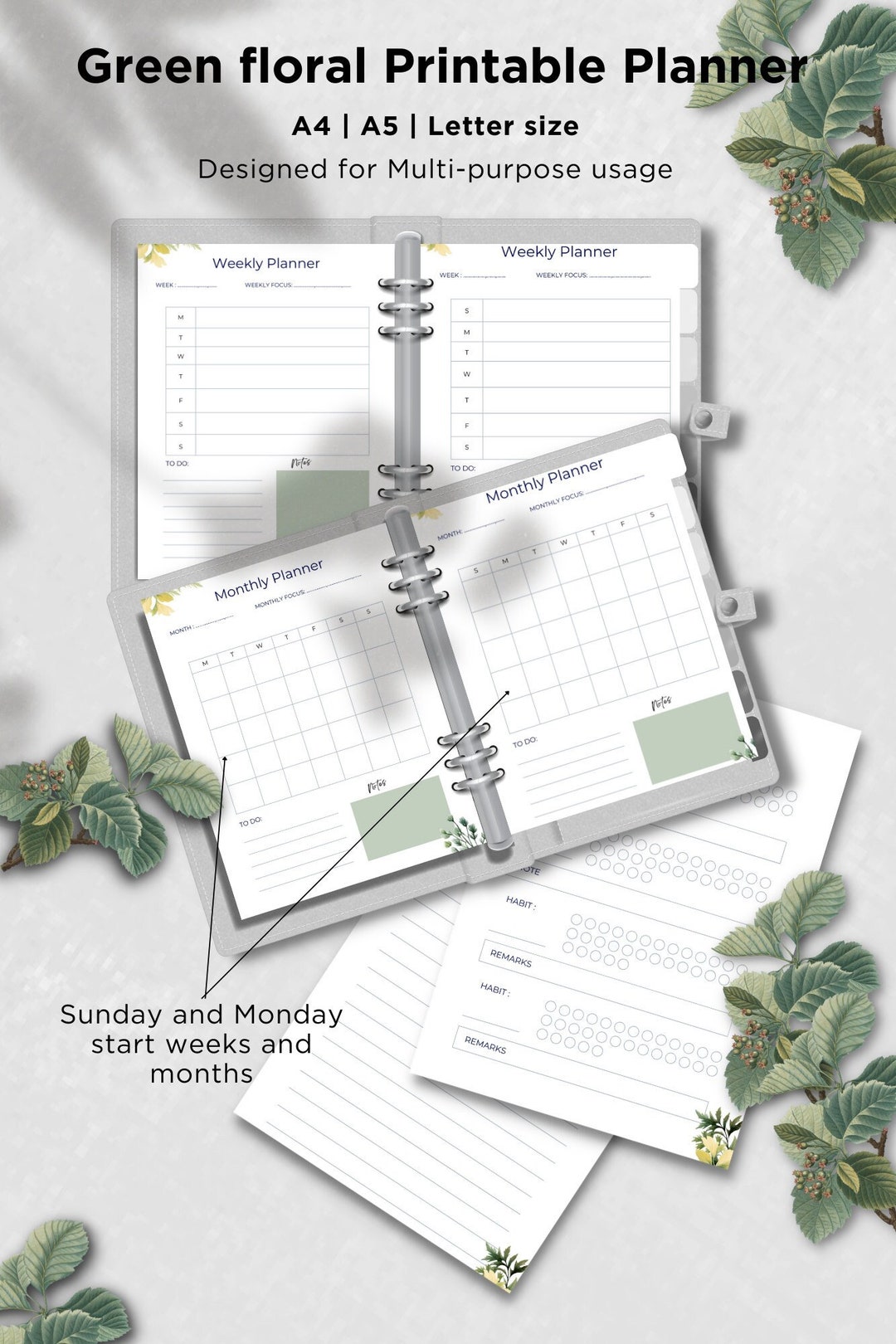 Green Leafy Printable Planner 8 Pages Sunday and Monday Start Weekly ...