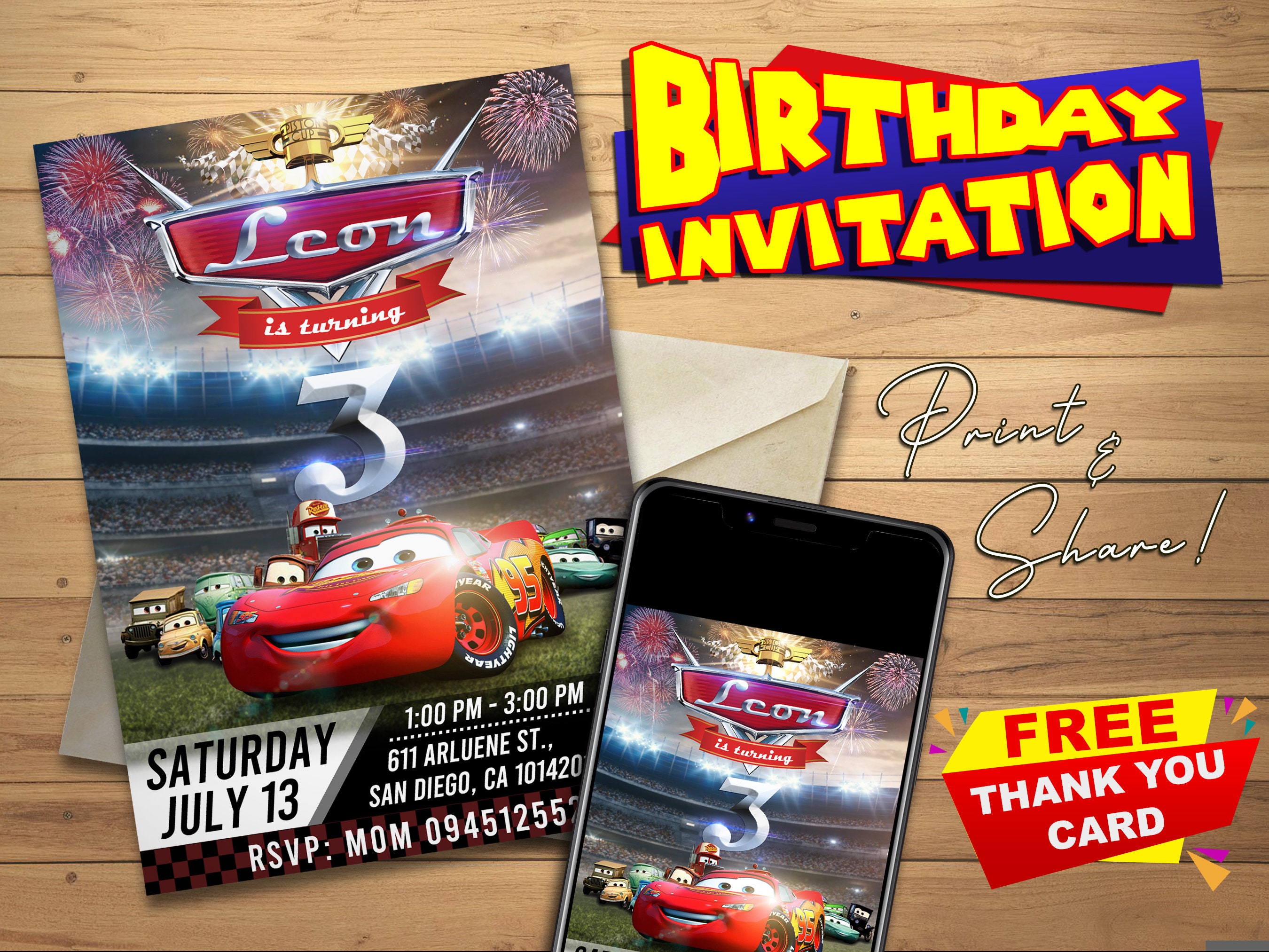 Pixar's Cars Birthday Invitation // Digital Cars Invitation ...