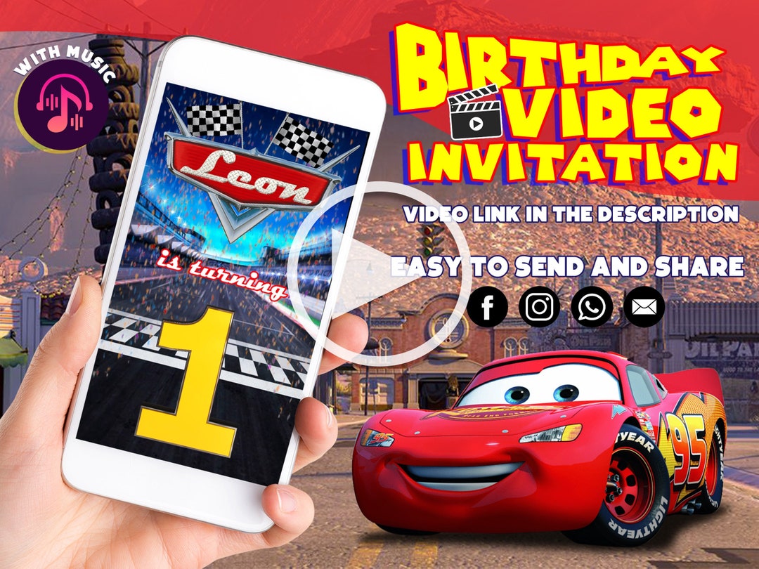 Pixar's Cars Video Birthday Invitation, Lightning Mcqueen Invitation - Etsy