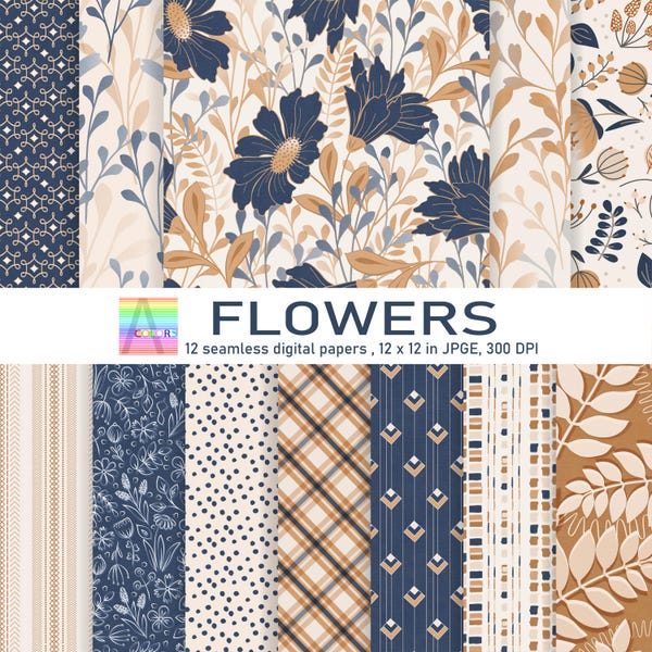 Beige and Blue Flower Fabric - Etsy