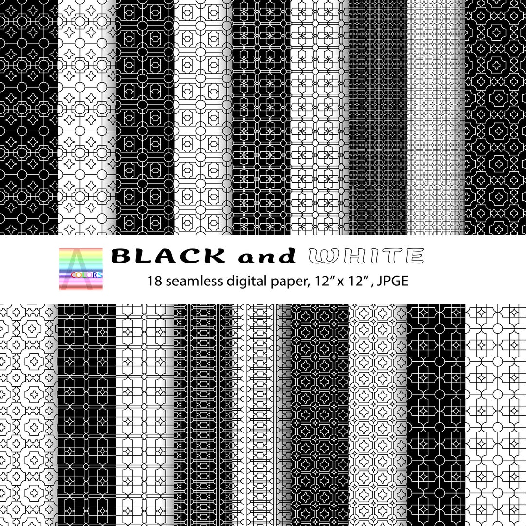 Black and White Geometric Seamless Pattern: Digital Paper Pack (12x12 ...