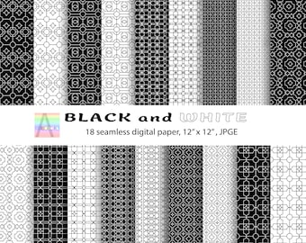 Black and White Geometric Seamless Pattern: Digital Paper Pack (12x12 ...