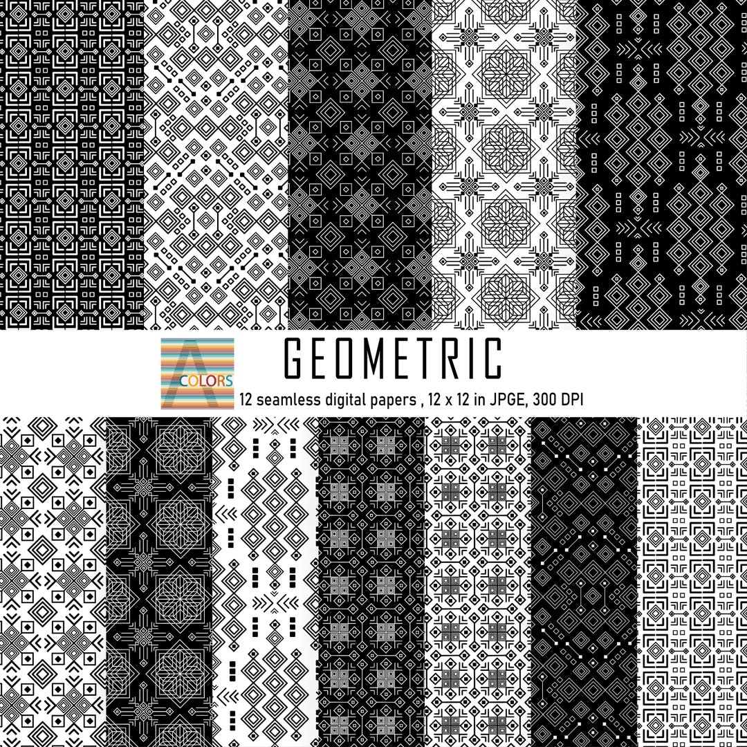 Black and White Geometric, Seamless Pattern, Digital Papers Pack ...
