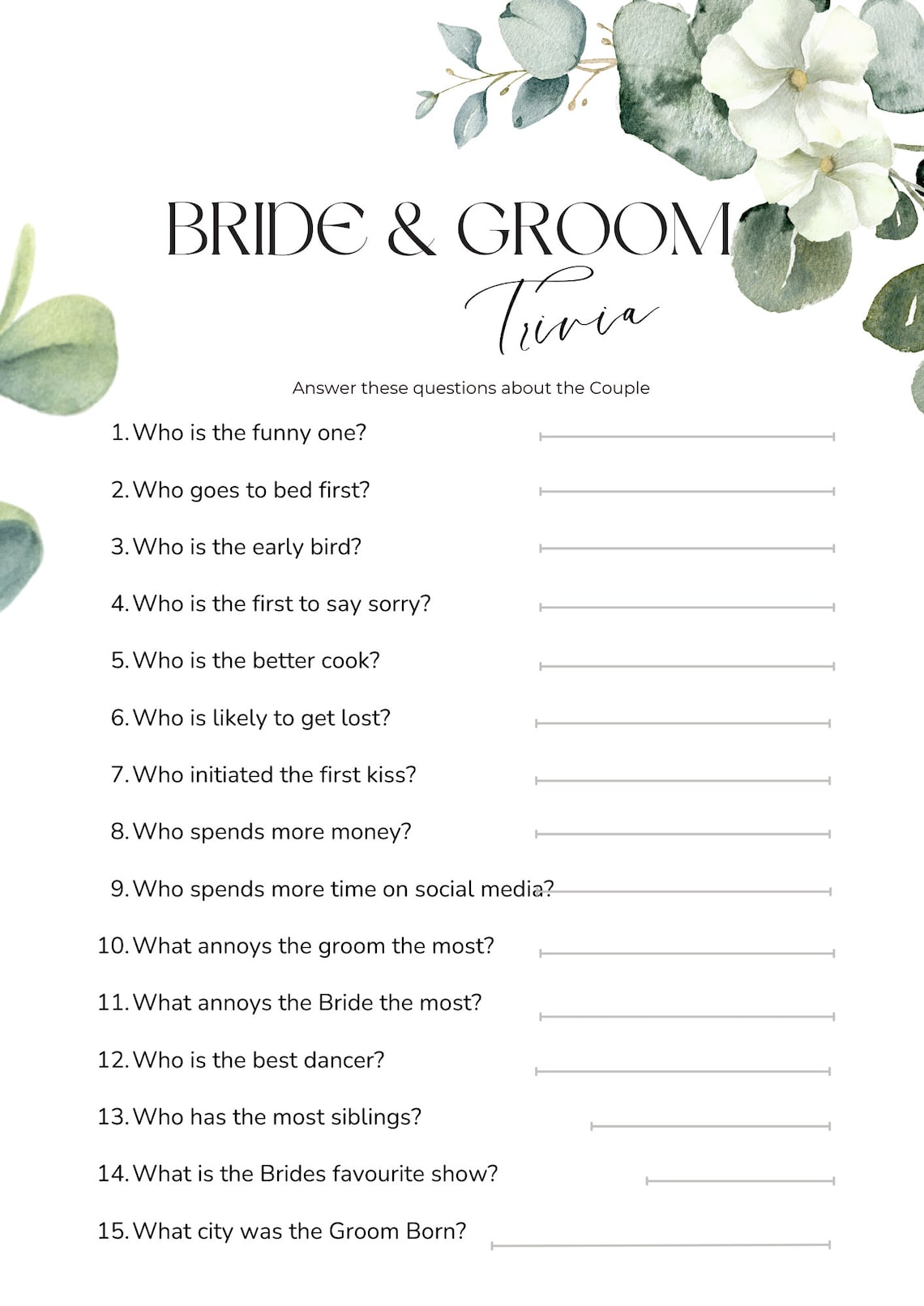Modern Bride and Groom Trivia Game Printable Bridal Shower Games ...