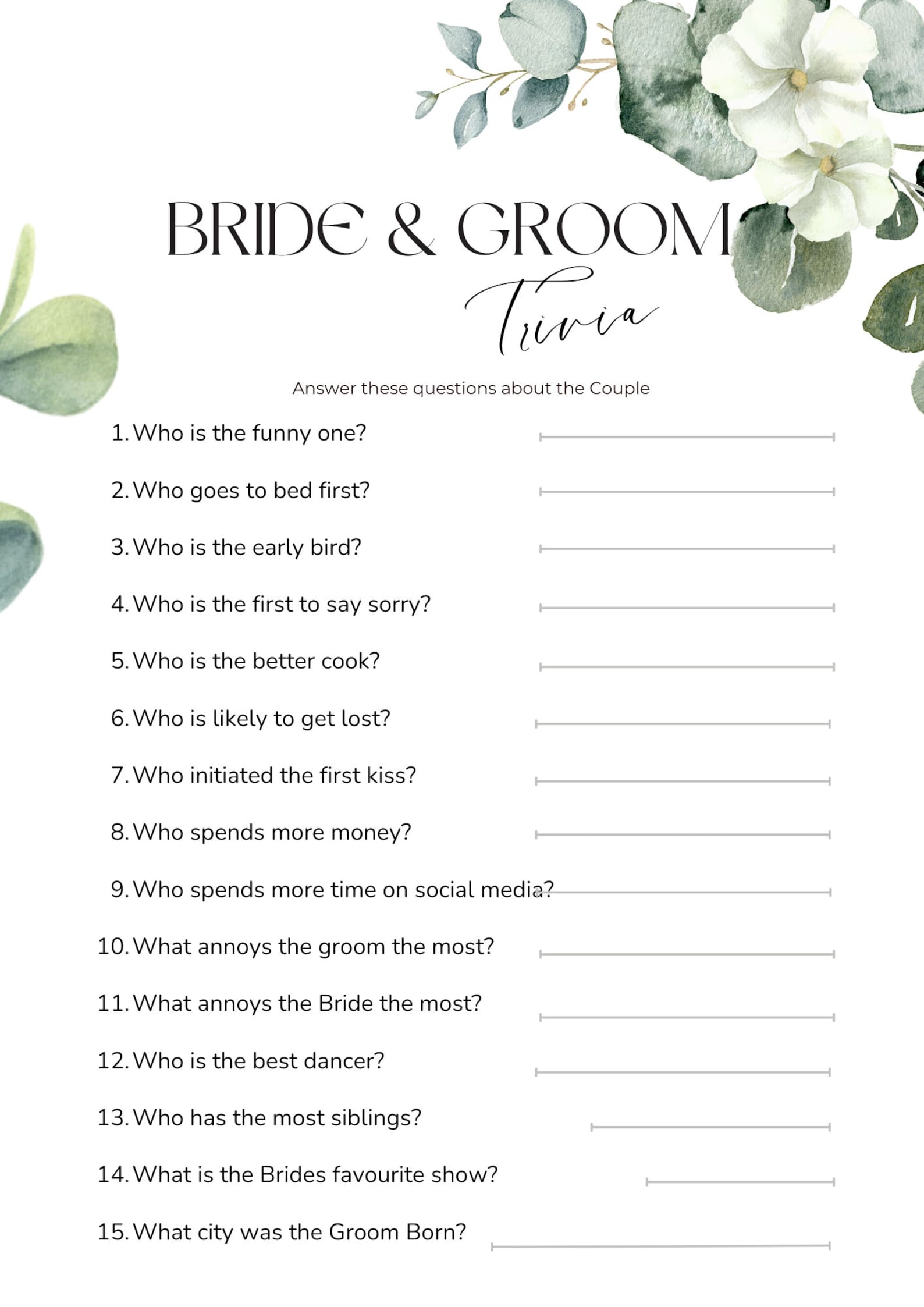 Modern Bride and Groom Trivia Game Printable Bridal Shower Games ...