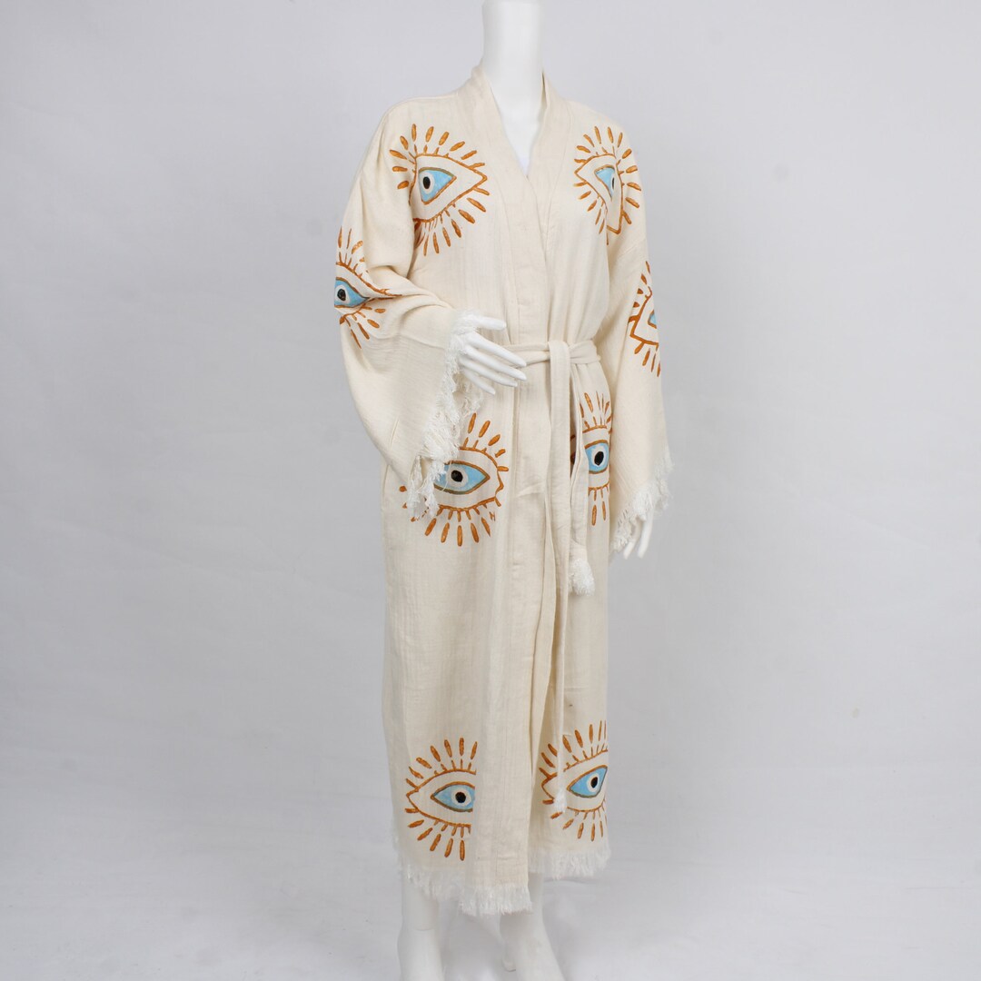 Custom Beach Wear, Muslin Kimono, Evil Eye Design Robe, Luxury Gift ...