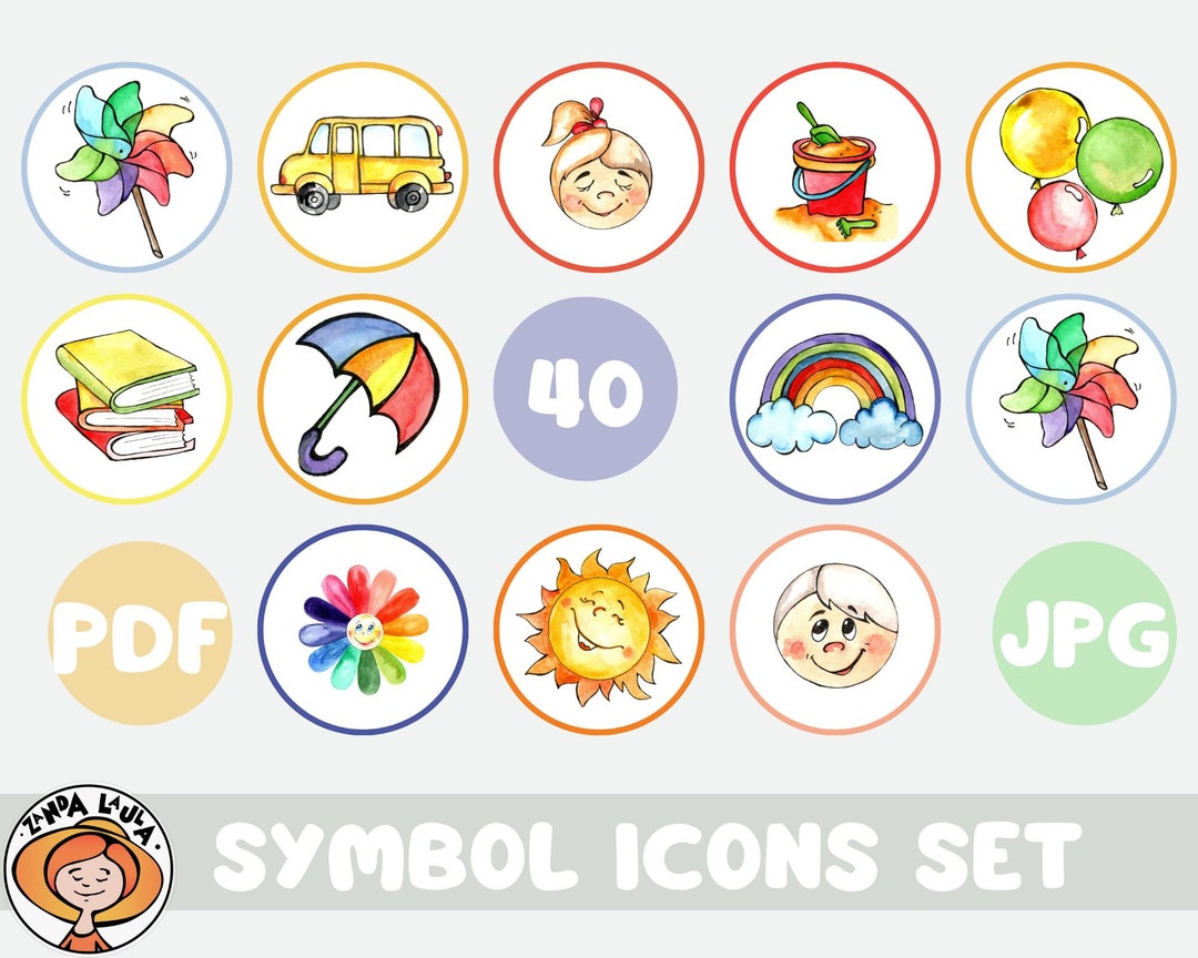 Symbol Icons Set for Kids. 40 Kindergarten Symbol Icons Set. Toddler ...