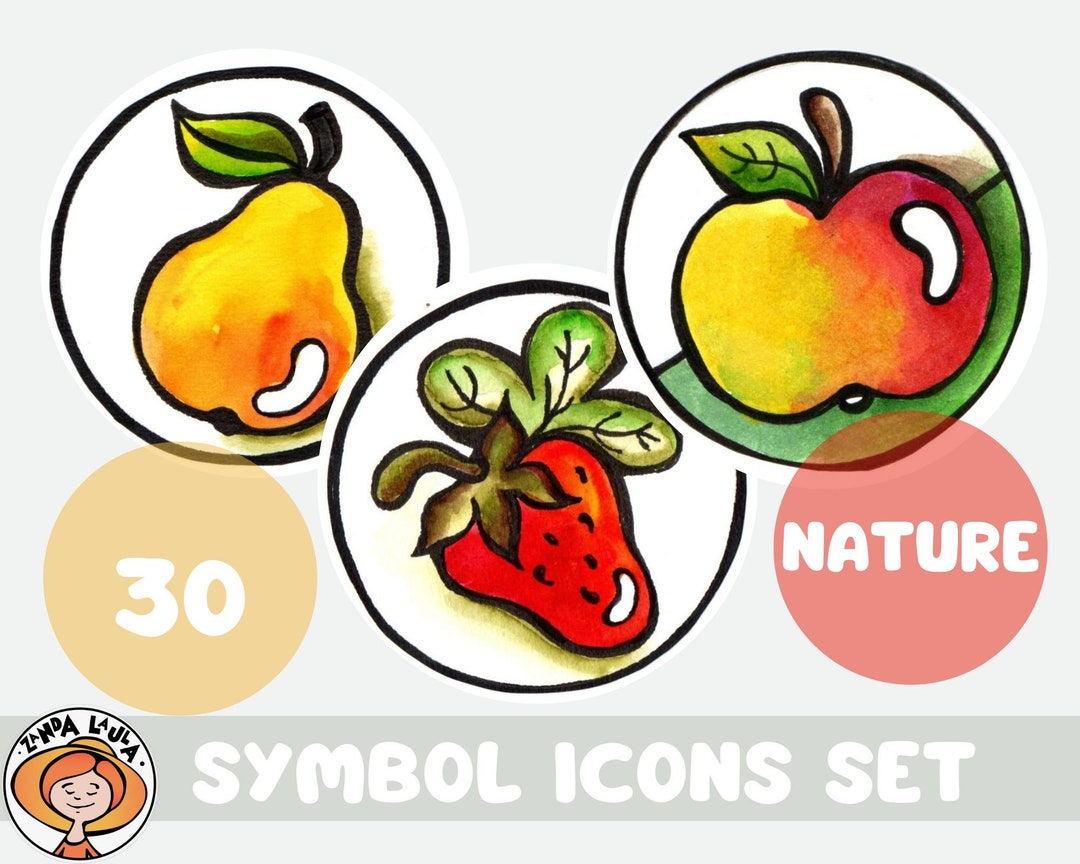 Nature Icons for Kids. Hand Drawn. 30 Cute Symbol Set for Kindrgarden ...