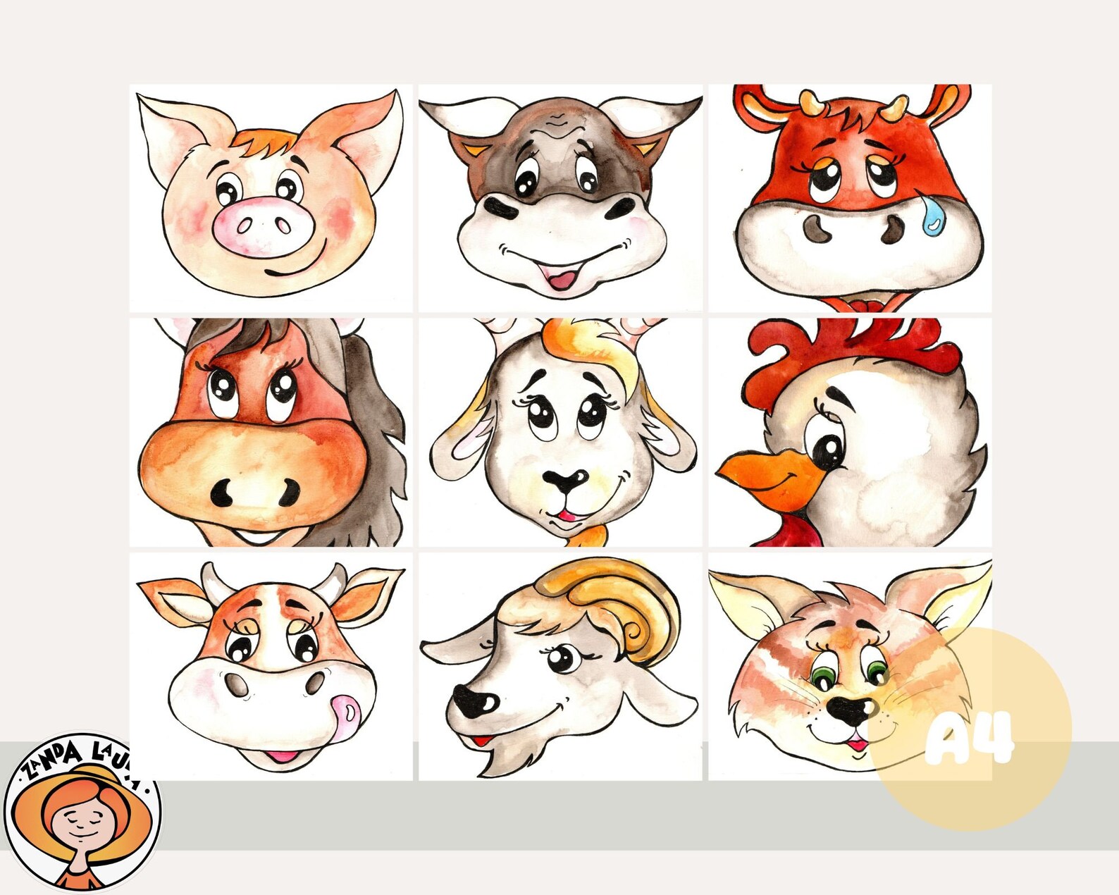 9 Farm Animals Ilustration Pages for Creative Aktivities. in Neutral ...