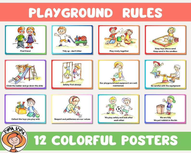 Playground Safety Rules Posters: Colorful Kids Play Signs. Playground ...