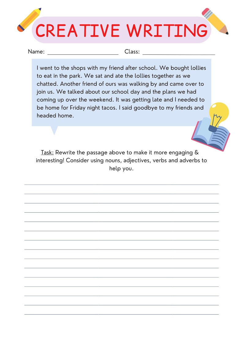 Creative Writing English Worksheet - Etsy UK