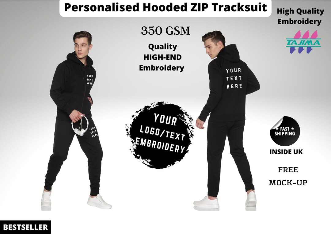 Adult Unisex 2 Piece Personalised ZIP Tracksuit, Logo /text on ...