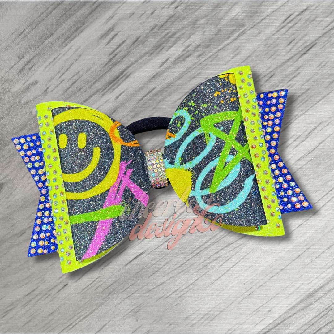Retro Graffiti Rhinestone Dolly Style Cheer Bow, 80s 90s Giant Bow Hair ...