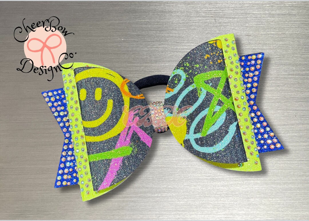 Retro Graffiti Rhinestone Dolly Style Cheer Bow, 80s 90s Giant Bow Hair ...
