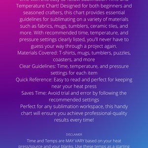 Sublimation Time and Temp Chart - Etsy