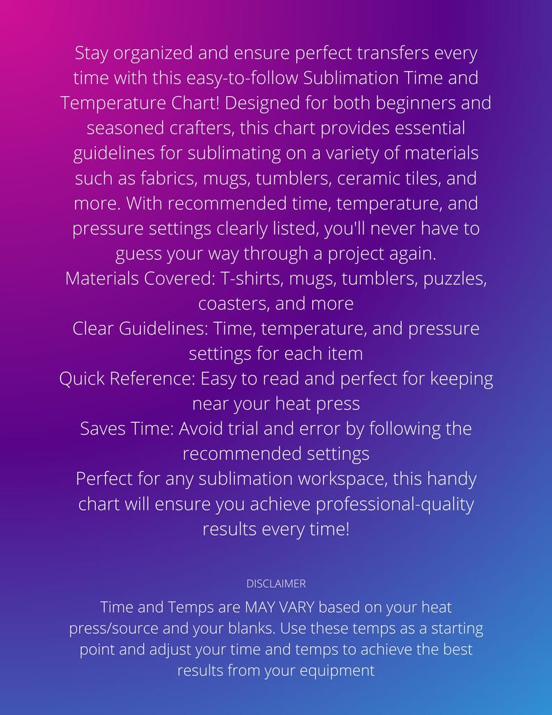 Sublimation Time and Temp Chart - Etsy