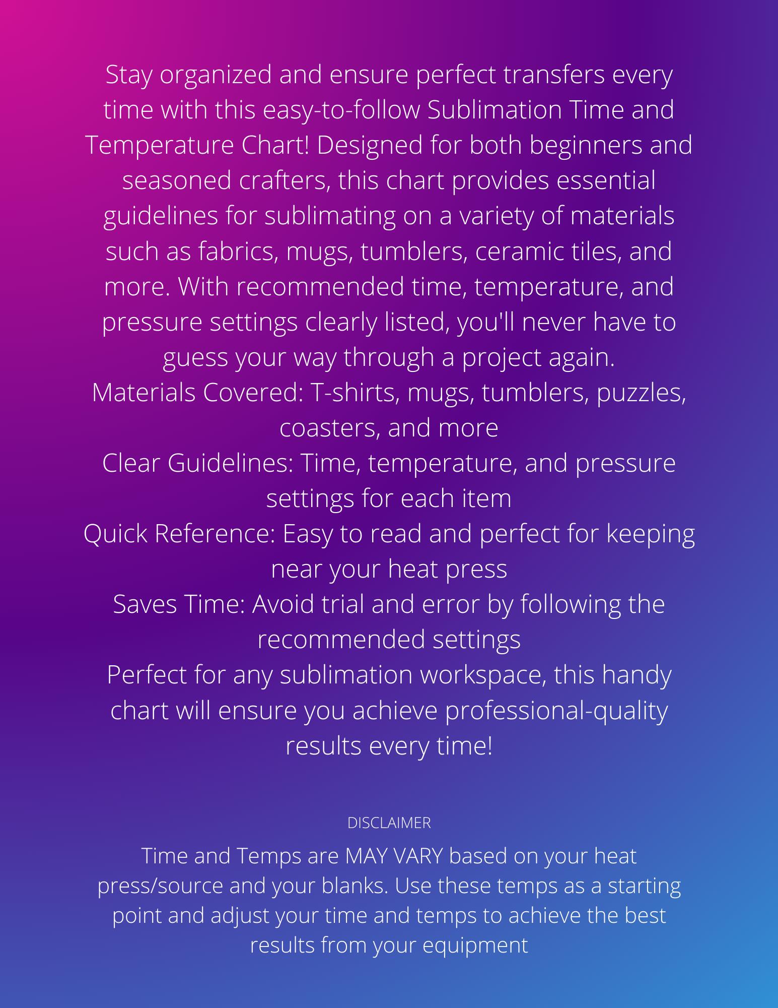 Sublimation Time and Temp Chart - Etsy
