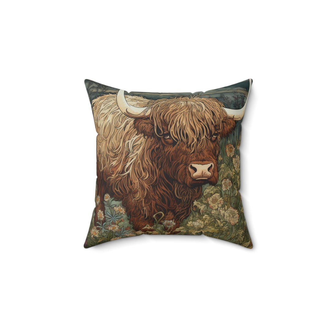 Highland Cow in Windswept Meadow Art Nouveau Flourishes William Morris ...