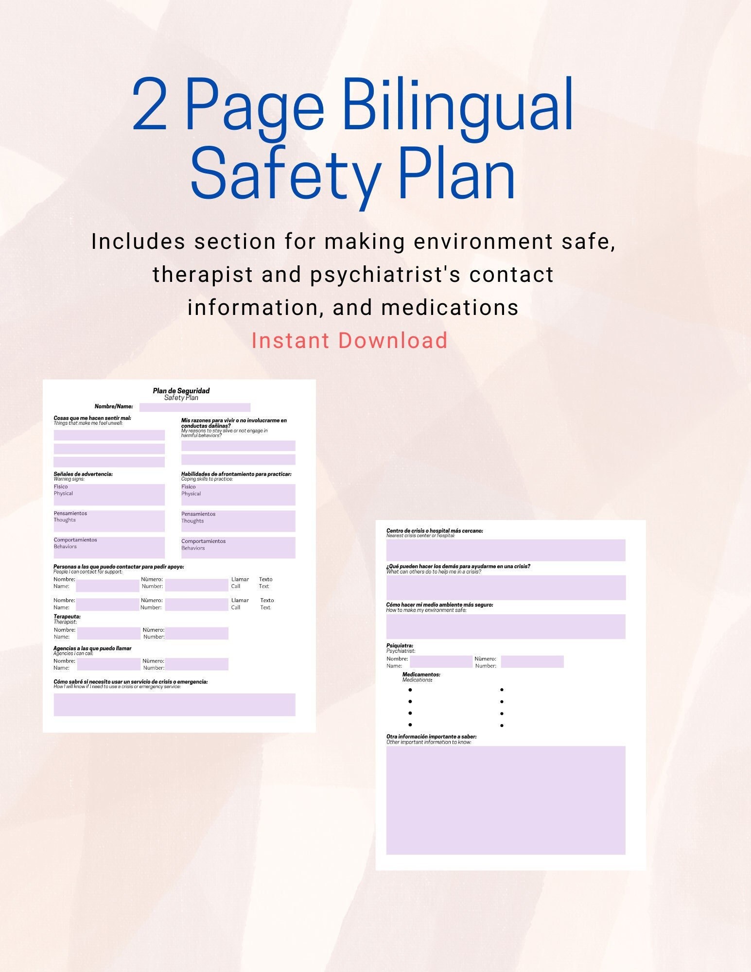 2-page Bilingual Safety Plan (includes Therapist & Psychiatrist's ...