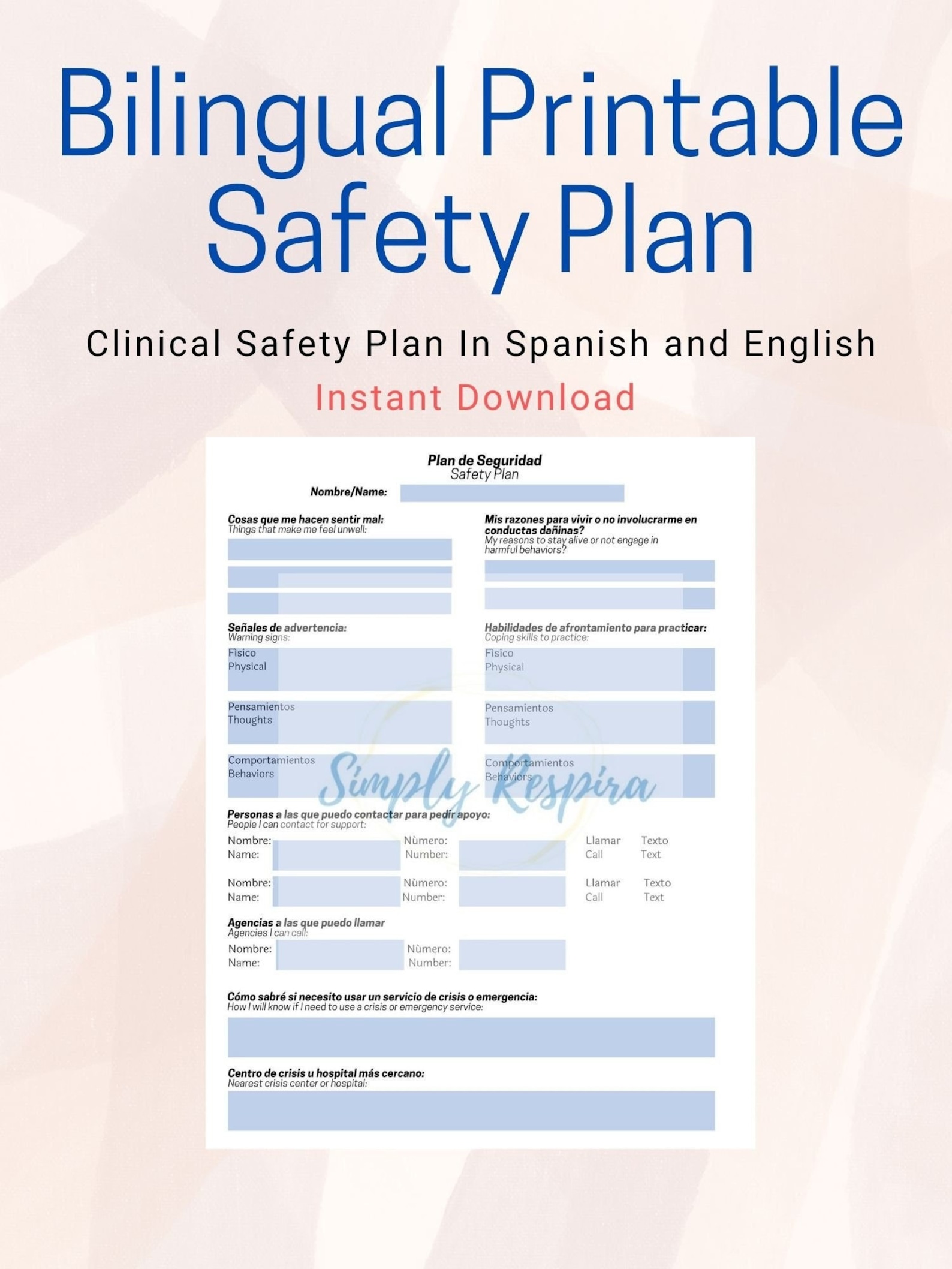 Mental Health Bilingual Safety/ Crisis Plan, Spanish, Printable, Latinx ...
