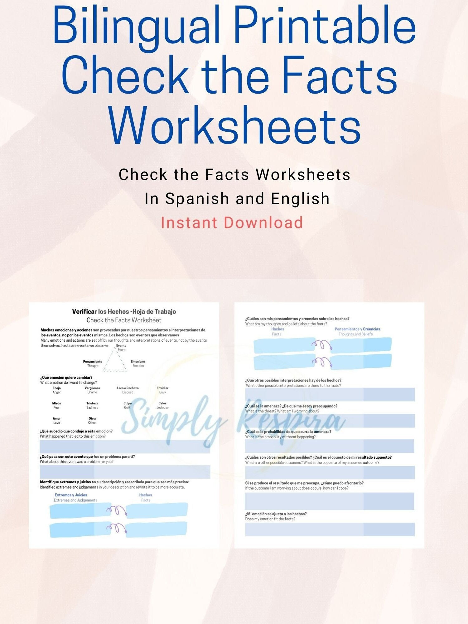 Bilingual Check the Facts Worksheet, DBT-CBT Worksheet, Spanish English ...