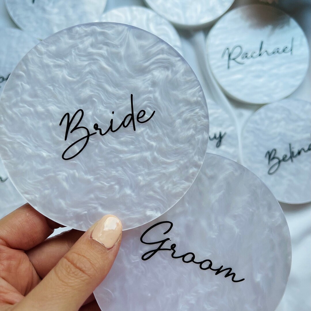 PEARL WHITE ACRYLIC Round Place Cards, Wedding Place Cards, Bonbonniere ...
