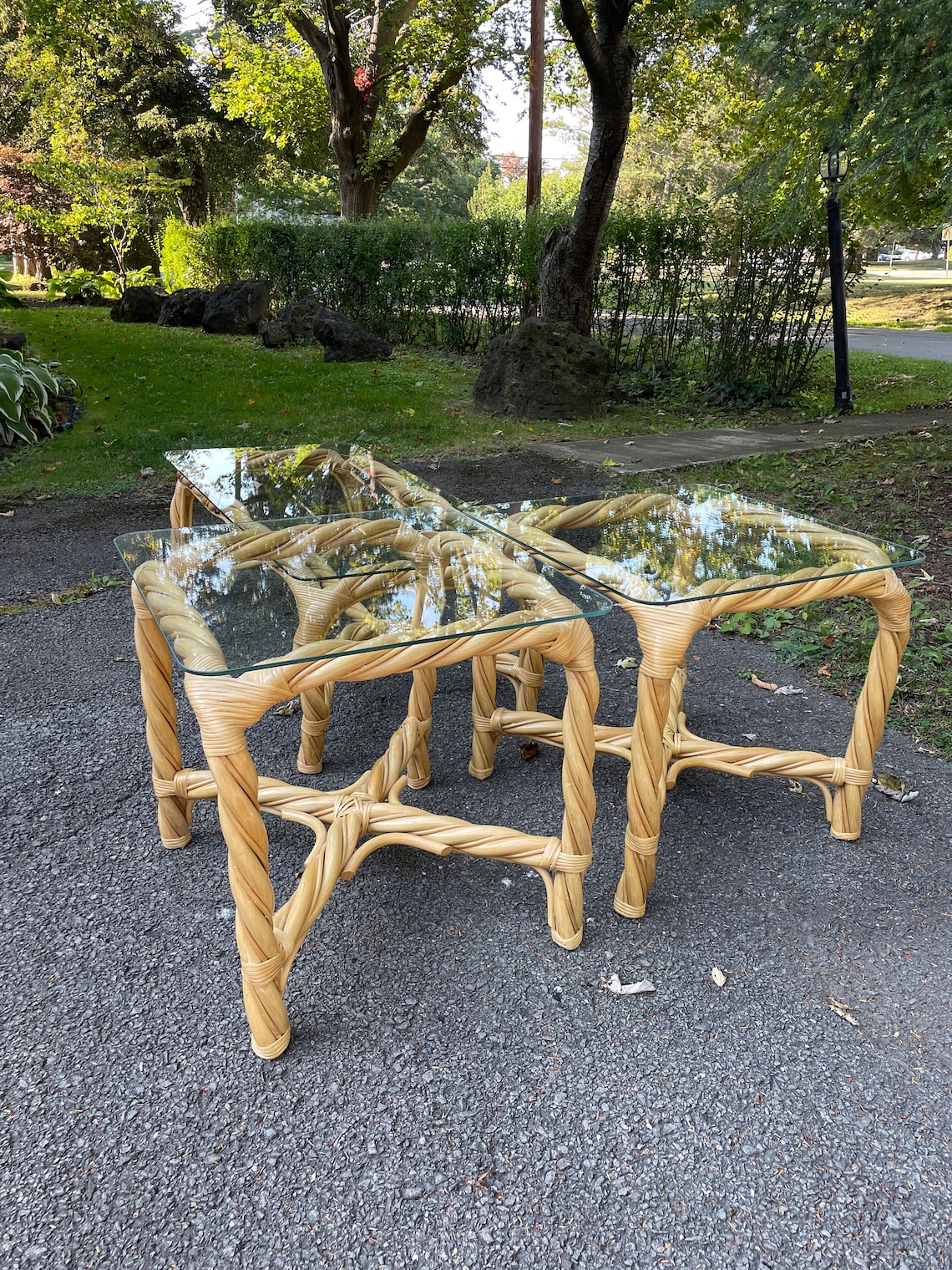 Vintage Coffee Table Rattan Side Tables Bamboo Coastal Furniture Set of ...