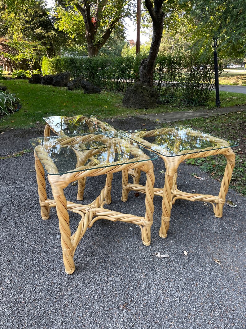Vintage Coffee Table Rattan Side Tables Bamboo Coastal Furniture Set of ...