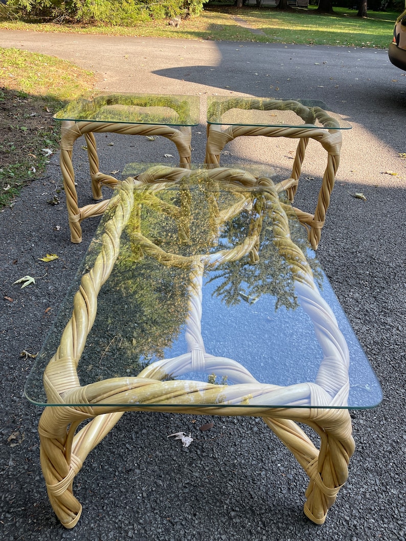 Vintage Coffee Table Rattan Side Tables Bamboo Coastal Furniture Set of ...