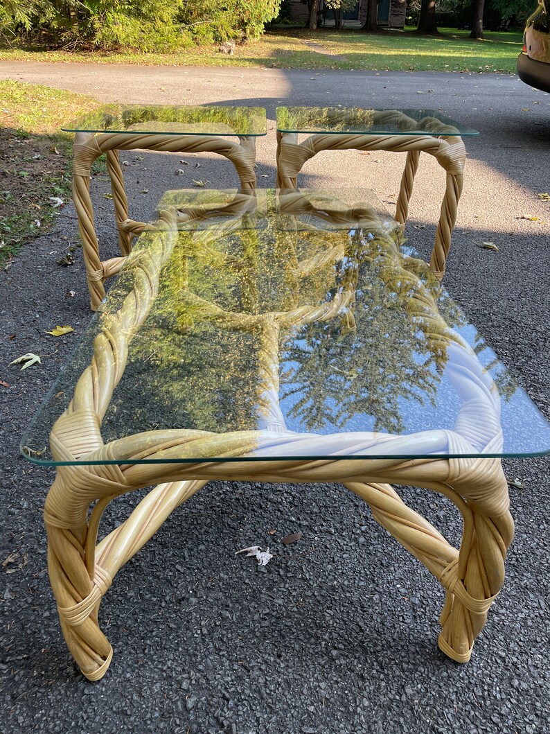 Vintage Coffee Table Rattan Side Tables Bamboo Coastal Furniture Set of ...