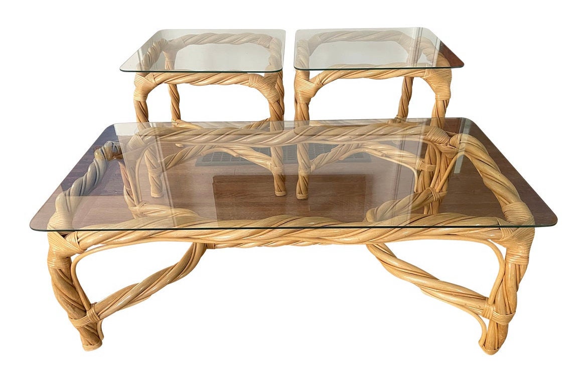 Vintage Coffee Table Rattan Side Tables Bamboo Coastal Furniture Set of ...