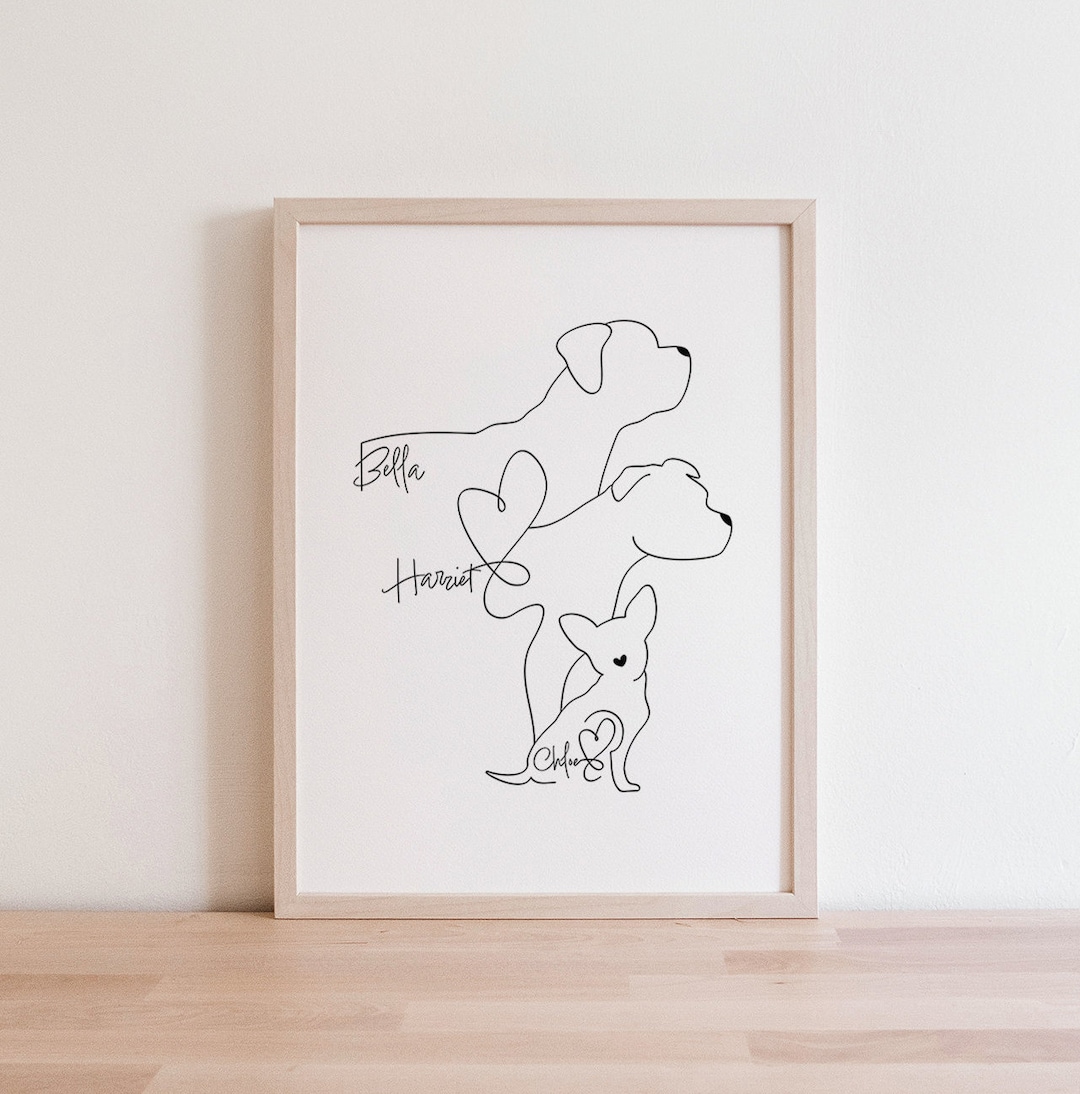 Personalised 3 Pet Digital Portrait | 3 Dogs Together Line Art Drawing ...
