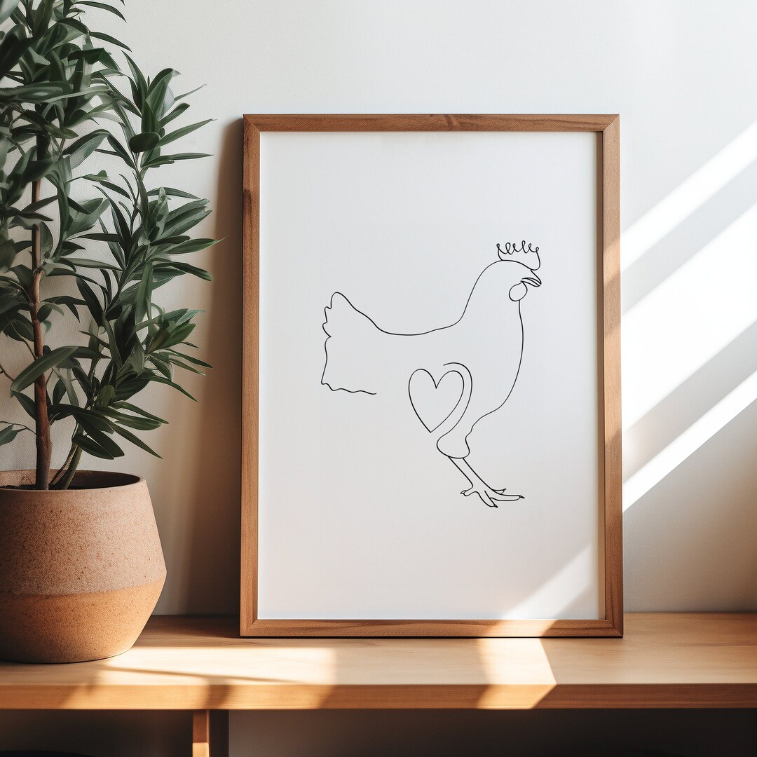 Minimalist Chicken Drawing Digital Portrait | Chicken With Heart Line ...