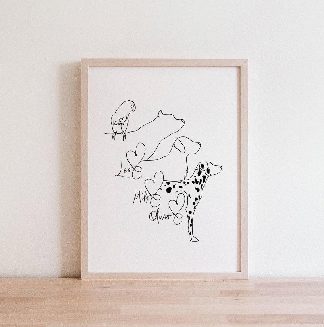 Personalised 4 Pet Digital Portrait | 4 Dogs Together Line Art ...