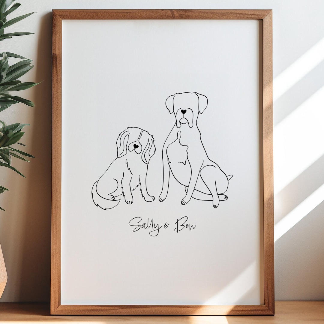 Custom 2 Pet Line Art Portrait | Two Dogs Drawing From Photo | Dog ...