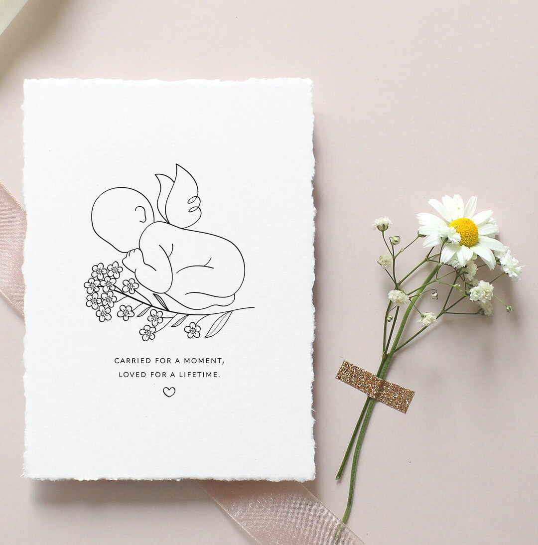 Minimalist Angel Baby Forget Me Not Flowers Line Art Digital Print ...