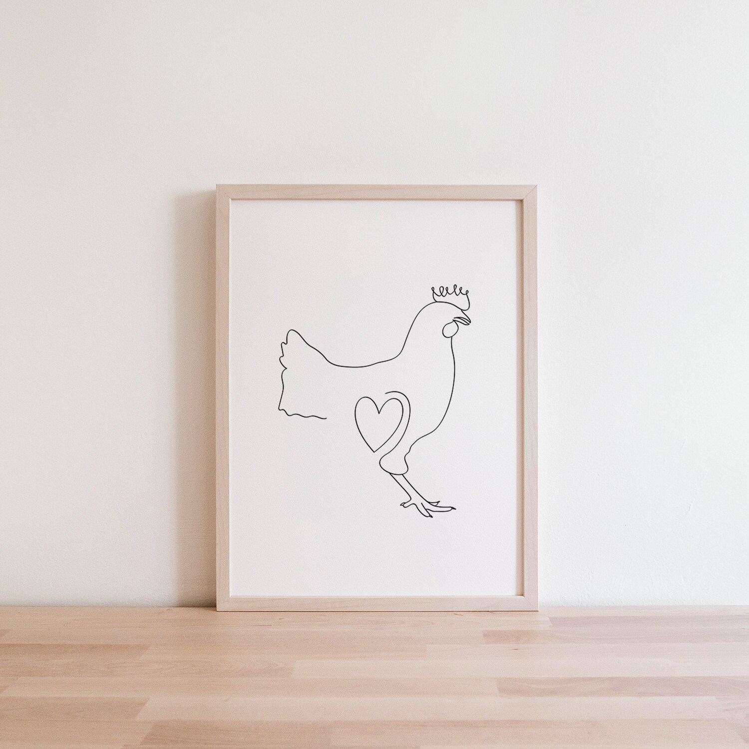 Minimalist Chicken Drawing Digital Portrait | Chicken With Heart Line ...