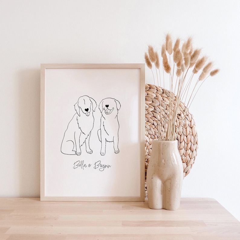 Custom 2 Pet Line Art Portrait | Two Dogs Drawing From Photo | Dog ...
