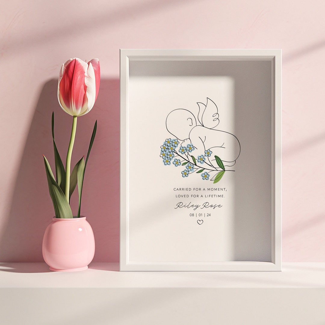 Custom Angel Baby With Forget Me Not Flowers Digital Line Art Print ...