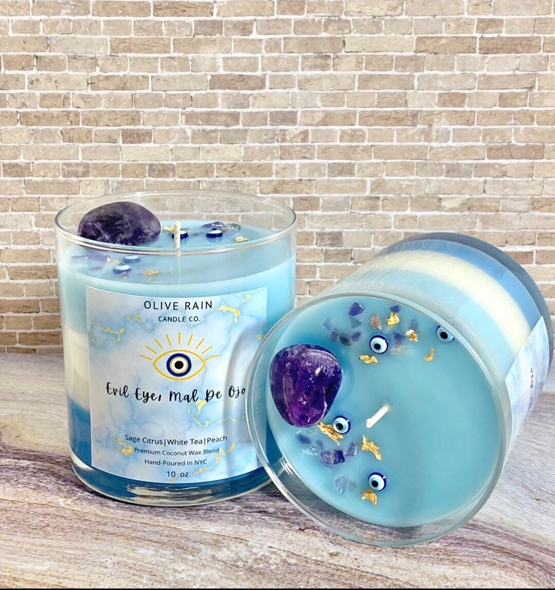 Evil Eye Candle, Mal De Ojo Candle, Amethyst Crystal Candle, Evil Eye Protection Candle - Etsy