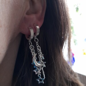 Moon and Stars Chain Linked Double Hoop Earrings, Silver Star Chain ...
