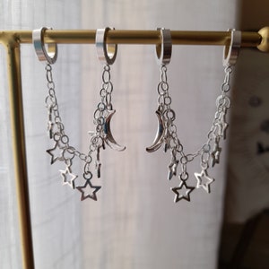 Moon and Stars Chain Linked Double Hoop Earrings, Silver Star Chain ...