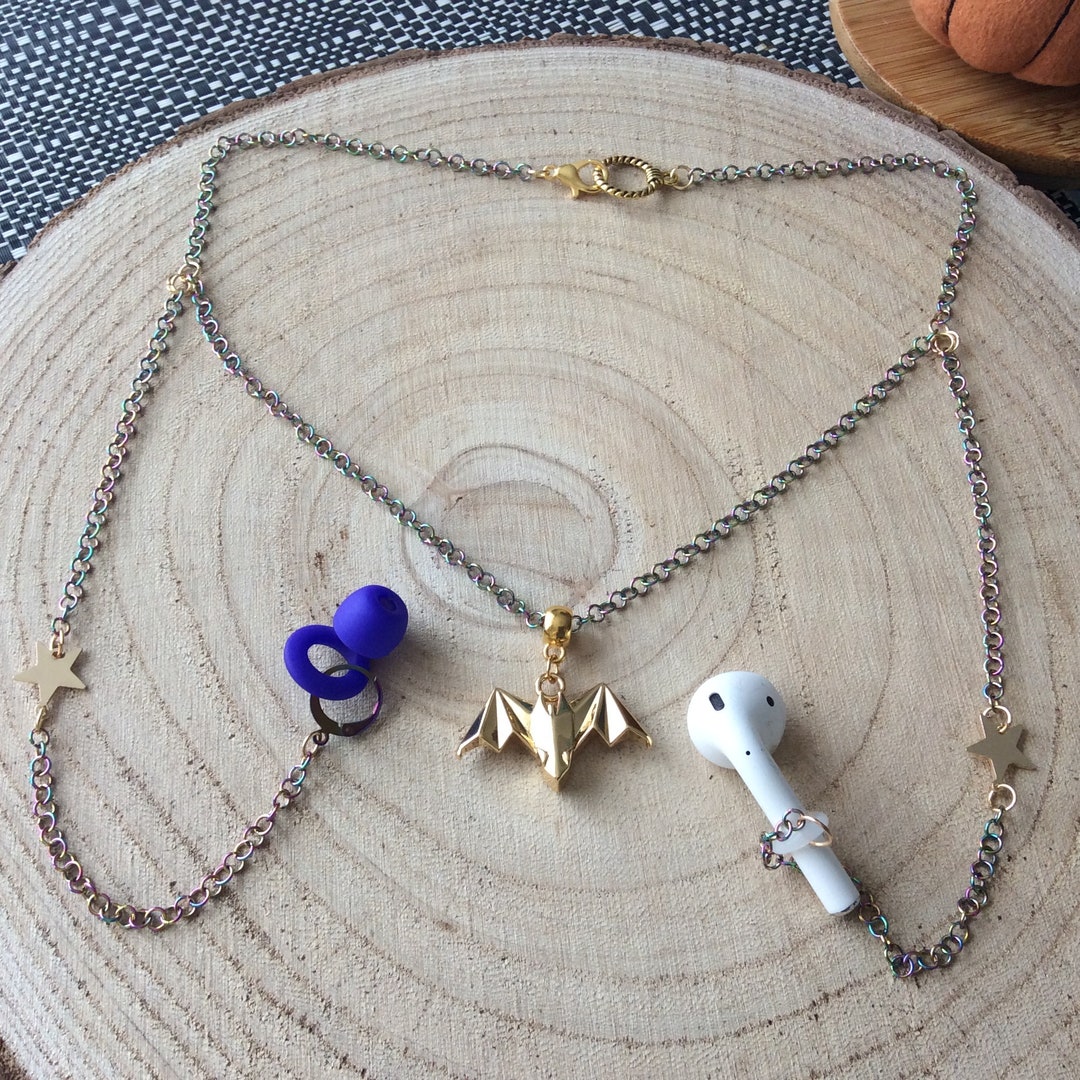 Rainbow Chain Loop Earplug Necklace - Gold Bat Pendant and Star Charms ...