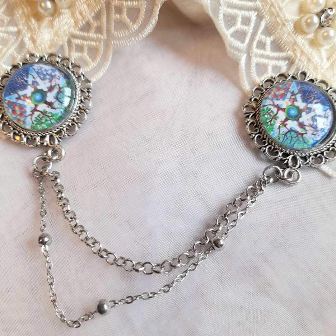 Four Seasons Pentagram Collar Pin and Chain - Double Brooch - Blouse ...