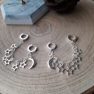 Moon and Stars Chain Linked Double Hoop Earrings, Silver Star Chain ...